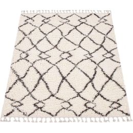 Hochflor-Teppich Paco Home "Orebro 170", beige, B:140cm H:44mm L:200cm, Polyester, Teppiche, Hochflor-Teppich, modernes Rauten Muster, besonders weich & kuschelig, mit Fransen