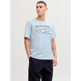 Jack & Jones Rundhalsshirt JACK & JONES "JJELOGO TEE SS O-NECK 2 COL SS26 SN", Herren, Gr. XS, celestial blau, Jersey, Obermaterial: 100% Baumwolle, bedruckt, unifarben, Rundhals, Shirts Rundhalsshirt, mit Grafikprint