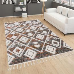 Hochflor-Teppich Paco Home "Monza 654", bunt (mehrfarbig), B:120cm H:34mm L:160cm, Polyester, Teppiche, Hochflor-Teppich, meliert, Rauten Muster, 3D-Effekt, mit Fransen