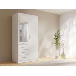 Kleiderschrank Home Affaire "KOS Garderobe mit 3 Schubladen, Kleiderstange und Spiegel", wei&szlig;, B:101cm H:200,5cm T:58cm, Melamin, Schr&auml;nke, Kleiderschrank, W&auml;scheschrank mit 2 Dreht&uuml;ren, silber Griffen, Ma&szlig;e B/H/T 101/200/58cm