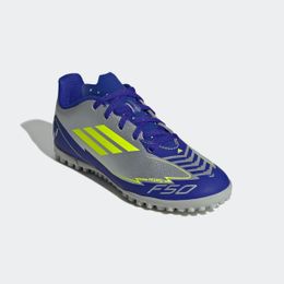 Fu&szlig;ballschuh adidas Performance "F50 CLUB MESSI KIDS TF", Kinder, Gr. 38,5, gelb (silber metallic, solar gelb, lucid blau), Synthetik, Schuhe Fu&szlig;ballschuh, f&uuml;r Kinder & Jugendliche