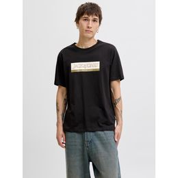 Jack & Jones T-Shirt JACK & JONES "JORINWOOD BLOCK BRANDING TEE SS CN", Herren, Gr. XS, schwarz, Jersey, Obermaterial: 100% Baumwolle, bedruckt, regular fit normal, Rundhals, Shirts T-Shirt