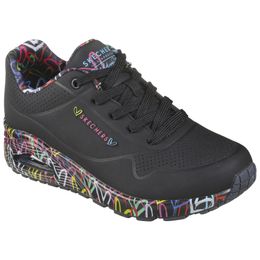 Wedgesneaker Skechers "UNO-LOVING LOVE", Damen, Gr. 36, bunt (schwarz, bunt), Lederimitat, Schuhe Wedgesneaker, Freizeitschuh, Halbschuh, Schn&uuml;rschuh mit coolem Graffiti-Print