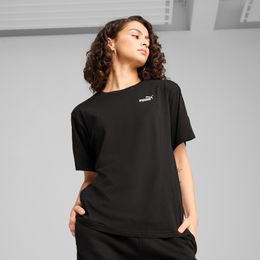 T-Shirt Puma "ESS TAPE RELAXED TEE", Damen, Gr. XL, schwarz (Puma schwarz), Jersey, Obermaterial: 100% Baumwolle, bedruckt, relaxed fit normal, Rundhals, Shirts T-Shirt, mit Rundhalsausschnitt, mit kurzem Arm