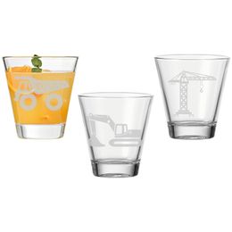 Kinderbecher LUXENTU "Kinderbecher Baustellenfahrzeuge 215 ml 3er Set transparent", bunt (transparent), 3 tlg., Glas, Trinkgef&auml;&szlig;e, Kinderbecher