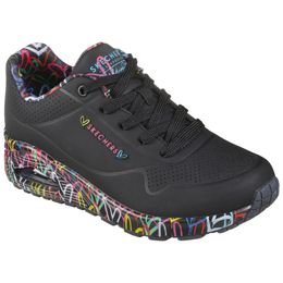 Wedgesneaker Skechers "UNO-LOVING LOVE", Damen, Gr. 41, bunt (schwarz, bunt), Lederimitat, Schuhe Wedgesneaker, Freizeitschuh, Halbschuh, Schn&uuml;rschuh mit coolem Graffiti-Print