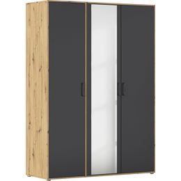 Dreht&uuml;renschrank Rauch "Kleiderschrank Schrank Garderobe W&auml;scheschrank VOYAGER", grau (eiche artisan, graumetallic), B:140cm H:194cm T:53cm, Holzwerkstoff, Schr&auml;nke, Dreht&uuml;renschrank, mit modernen Griffen in Graumetallic und Spiegel
