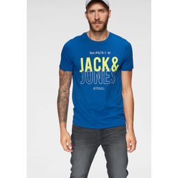 Jack & Jones T-Shirt JACK & JONES "JCOKOMPO Kurzarm-Design mit Print und optimaler Passform", Herren, Gr. S, blau (nautic blau), Single Jersey, Obermaterial: 100% Baumwolle, Basic schmal normal, Rundhals, Shirts T-Shirt, Print, modisch, regular fit, Baumwolle, Rundhals