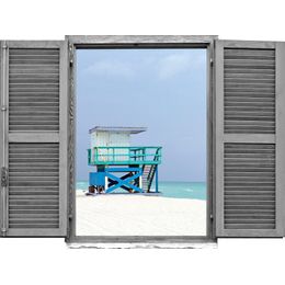 Wandtattoo queence "Strandh&auml;uschen", blau, B:80cm H:60cm T:0,1cm, Wandtattoos, Wandtattoo, Wandsticker, Wandbild, selbstklebend, 3D, Fenster