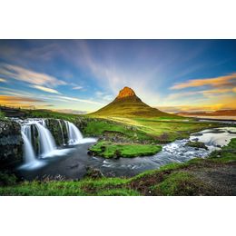 Fototapete papermoon "KIRKJUFELL-WASSERFALL FLUSS ISLAND BERG SONNENUNTERGANG", bunt, B:3,5m L:2,6m, Vlies, Tapeten, Fototapete