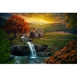 Fototapete papermoon "NATUR-IDYLLE-RUHIG BERGE WASSERFALL FLUSS BACH HERBST", bunt, B:4m L:2,6m, Vlies, Tapeten, Fototapete