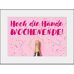 Bild queence "HOCH DIE H&Auml;NDE WOCHENENDE", rosa (farbe rahmen: schwarz, farbe bild(er): rosa, pink), B:40cm H:30cm, Acrylglas, Holz, Papier, Bilder, Bild, HD Premium Poster-Druck inkl. Holzrahmen