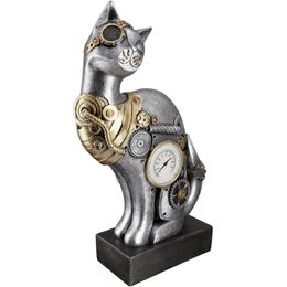 Tierfigur CASABLANCA BY GILDE "Skulptur Steampunk Cat", silber (silberfarben), B:20cm H:30cm T:7cm, Kunstharz, Dekofiguren, Tierfigur