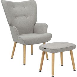 Ohrensessel OTTO HOME "PERHAM, Sessel mit Hocker im Set, Knopfheftung, Massivholz-F&uuml;&szlig;e", grau (hellgrau), B:68cm H:99cm T:73cm, metal frame, plywood, foam, fabric, rubber solid leg, Sessel, Ohrensessel, komfortabler Relaxsessel und Sitz-Hocker mit Strukturbezug