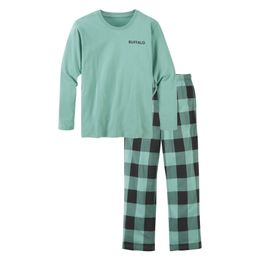 Pyjama Buffalo, Jungen, Gr. 170/176, salbei, schwarz kariert, Jersey, Obermaterial: 100% Baumwolle, kariert, Basic, bequem lang, Rundhals, abgesteppte Kante, Homewear-Sets Pyjama, Schlafanzug im coolen Karolook