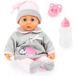 Babypuppe BAYER "First Words Baby, 38 cm grau/rosa", grau (grau, rosa), Puppen, Baby, Babypuppe, mit Schlafaugen und Babyger&auml;uschen
