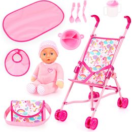 Puppenbuggy BAYER "Set mit Puppe", rosa (rosa einhorn), Puppenwagen, KinderB:46cm H:57cm T:26cm, Puppenbuggy, B:46cm H:57cm T:26cm