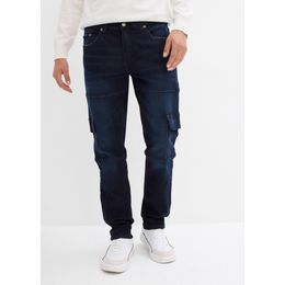 Cargojeans bonprix "Slim Fit Cargo-Stretch-Jeans, Straight", Damen, Gr. 60, N-Gr, blau (dunkelblau denim), Obermaterial: 98% Baumwolle, 2% Elasthan, slim fit, Jeans Cargojeans, Slim Fit, aus Baumwolle und Elasthan, mit gewaschener Optik