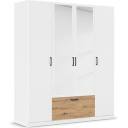 Dreht&uuml;renschrank Rauch "Kleiderschrank Schrank Garderobe W&auml;scheschrank BARI mit Spiegel", wei&szlig; (alpinwei&szlig;, eiche artisan), B:180cm H:210cm T:54cm, Holzwerkstoff, Schr&auml;nke, Dreht&uuml;renschrank, mit Schubasten mittig, moderner Griff in Graumetallic MADE IN GERMANY
