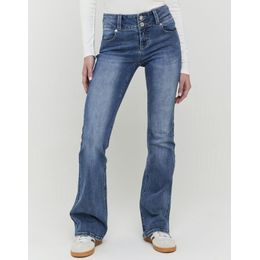 Bootcut-Jeans Tally Weijl "SPADECYNTIA", Damen, Gr. 42, N-Gr, medium indigo wash usedeffects, Denim/Jeans, Obermaterial: 90% Baumwolle, 8% Elastomultiester, 2% Elasthan, leichte Abriebeffekte, bootcut fit lang, Jeans Bootcut-Jeans, Baumwollmischung, Low Waist, mit doppeltem Knopf am breiten Bund