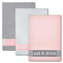 Geschirrtuch Dyckhoff "Eat & Drink, Ma&szlig;e je Tuch ca. 50x70 cm", grau (grau, rosa), B:50cm L:70cm, 100% Baumwolle, Geschirrt&uuml;cher, Geschirrtuch, mit drei verschiedenen Motiven
