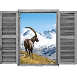 Wandtattoo queence "Steinbock", blau, B:80cm H:60cm T:0,1cm, Wandtattoos, Wandtattoo, Wandsticker, Wandbild, selbstklebend, 3D, Fenster