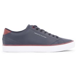 Sneaker Tommy Hilfiger "TH HI VULC CORE LOW LEATHER ESS", Herren, Gr. 44, blau (dunkelblau), Leder, Lederimitat, kontrastfarbene Details, Schuhe Sneaker, Freizeitschuh, Halbschuh, Schn&uuml;rschuh mit Ziern&auml;hten an der Ferse
