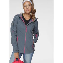 Softshelljacke OCEAN SPORTSWEAR "aus recyceltem Polyester", Damen, Gr. 36, blau (rauchblau), Softshell, Obermaterial: 96% Polyester, 4% Elasthan. Innenseite: 100% Polyester. Kapuzenfutter: 65% Baumwolle, 35% Polyester, kontrastfarbene Details, unifarben mit Farbeinsatz, h&uuml;ftbedeckend, hoch geschlossener Ausschnitt, Rippb&uuml;ndchen, Jacken Softshelljacke, atmungsaktiv, wasserabweisend, windabweisend, 