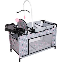 Puppenbett BAYER "Multibett", grau (sternchen grau), Puppenm&ouml;bel, KinderB:32cm H:72cm T:68cm, Kunststoff, Metall, Stoff, Puppenbett, mit integriertem Hochstuhl, Wickelablage und Mobile, B:32cm H:72cm T:68cm