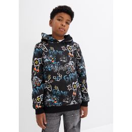 Hoodie bonprix, Jungen, Gr. 128/134, schwarz (schwarz graphisch), Sweatware, Obermaterial: 100% Baumwolle. Kapuzenfutter: 100% Baumwolle, bedruckt, l&auml;ssig geschnitten h&uuml;ftbedeckend, Rundhals, B&uuml;ndchen, Sweatshirts Hoodie, l&auml;ssige Passform, h&uuml;ftbedeckende L&auml;nge, aus Baumwolle