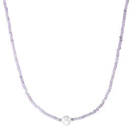 Collier Smart Jewel "Collier mit Stein-Kugeln + Muschelkern-Perle, Silber 925" Gr. 45, lila, Halsketten, Damen, Silber 925 (Sterlingsilber), Collier