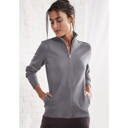 Sweatjacke BENCH. LOUNGEWEAR, Damen, Gr. 40/42, lila (mauve), Interlock, Obermaterial: 60% Baumwolle, 40% Polyester, bestickt, unifarben, Basic, bequem h&uuml;ftlang, Rippb&uuml;ndchen, Sweatjacken Sweatjacke, mit bestickten Stehkragen, Loungeanzug, Topseller