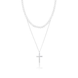 Kette mit Anh&auml;nger Kuzzoi "Halskette Muschelkernperlen Kreuz Klassik 2er Set 925 Silber" Gr. 45, silber, Halsketten, Herren, ohne Stein, Silber 925 (Sterlingsilber), Kette mit Anh&auml;nger