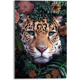 Wandbild Reinders "Wandbild Leopard Blumenkranz - Jungle - Farbenfroh", bunt (farbe bild(er): mehrfarbig), B:60cm H:90cm, MDF, Bilder, Wandbild