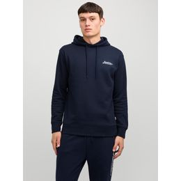 Jack & Jones Kapuzensweatshirt JACK & JONES "JJBEAU &ndash; Sweater mit Logodruck, Slim Fit und Baumwolle", Herren, Gr. M, blau (sky captain), angeraute Sweatware, Obermaterial: 80% Baumwolle, 20% Polyester, unifarben, slim fit, Rippb&uuml;ndchen, Sweatshirts Kapuzensweatshirt, unifarben, modisch, slim fit, angeraute Sweatware, Kapuze
