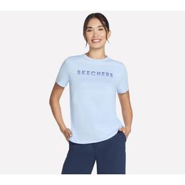 T-Shirt Skechers, Damen, Gr. XS (34), blau (brunnera blau), Obermaterial: 52% Baumwolle, 48% Polyester, Rundhals, Shirts T-Shirt, klassischer Schnitt, atmungsaktives Jersey-Gewebe
