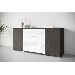 Sideboard OTTO HOME "Kenia, Kommode f&uuml;r das Schlafzimmer/Wohnzimmer", schwarz-wei&szlig; (matera anthrazit, wei&szlig; hochglanz), B:150cm H:69cm T:39cm, FSC-zertifizierter Holzwerkstoff, Hartfaserplatte, Kunststoff, Sideboards, Sideboard, Modernes Sideboard mit 3 Schubladen und 4 F&auml;chern, Breite 150 cm