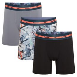Trunk Reebok "LUTHER", Herren, Gr. L (6), schwarz, grau print, pure grau, Obermaterial: 92% Polyester, 8% Elasthan, bedruckt, eng, Unterhosen Trunk, basic, feuchtigkeitsregulierend, mit Logo, mit Muster, breiter Bund
