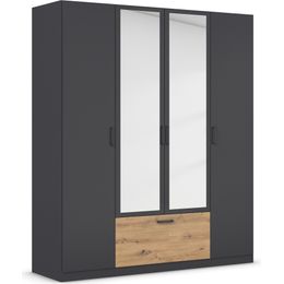 Dreht&uuml;renschrank Rauch "Kleiderschrank Schrank Garderobe W&auml;scheschrank BARI mit Spiegel", grau (graumetallic, eiche artisan), B:180cm H:210cm T:54cm, Holzwerkstoff, Schr&auml;nke, Dreht&uuml;renschrank, mit Schubasten mittig, moderner Griff in Graumetallic MADE IN GERMANY