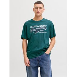 Jack & Jones Rundhalsshirt JACK & JONES "JJELOGO TEE SS O-NECK 2 COL SS26 SN", Herren, Gr. S, atlantic deep, Jersey, Obermaterial: 100% Baumwolle, bedruckt, unifarben, Rundhals, Shirts Rundhalsshirt, mit Grafikprint