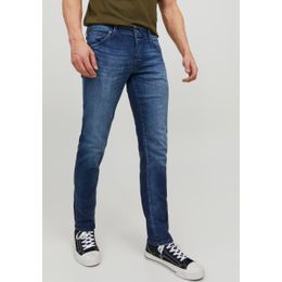 Jack & Jones Slim-fit-Jeans JACK & JONES "JJIGLENN &ndash; Slim-Fit-Jeans mit niedriger Leibh&ouml;he", Herren, Gr. 33, L&auml;nge 32, blau (schwarz, blau, denim), Denim/Jeans, Obermaterial: 86% Baumwolle, 12% Polyester, 2% Elasthan, Abriebeffekte, slim fit, Jeans Slim-fit-Jeans, Used, modisch, slim fit, Denim/Jeans