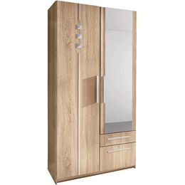 Kleiderschrank Priess, braun (struktureichefarben hell), B:94cm H:193cm T:54cm, Holzwerkstoff, Schr&auml;nke, Kleiderschrank, 1-bis 5-t&uuml;rig, mit silberfarbigen Applikationen