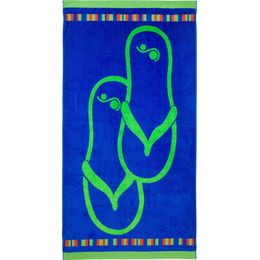 G&ouml;zze Strandtuch G&Ouml;ZZE "FlipFlop", gr&uuml;n (gr&uuml;n, blau), B:90cm L:180cm, Jacquard-Velours, Obermaterial: 100% Baumwolle, Handt&uuml;cher, Strandtuch, Badetuch, mit Motiv, reine Baumwolle