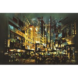 Leinwandbild queence "Beleuchtete Stadt", gelb (farbe bild(er): gelb), B:120cm H:80cm T:2cm, Canvas, Holzrahmen, Bilder, Leinwandbild, Premium-Leinwandstoff, Handarbeit aus Deutschland