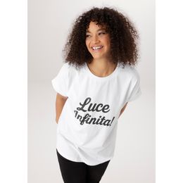 T-Shirt ANISTON PLUS, Damen, Gr. 52, wei&szlig;, schwarz, Single Jersey, Obermaterial: 95% Baumwolle, 5% Elasthan, unifarben, figurumspielend Po-bedeckend, Rundhals, Umschlagbund, Shirts T-Shirt, mit schwarzen Glitzer Schriftzug - NEUE KOLLEKTION