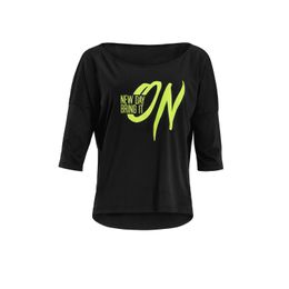 3/4-Arm-Shirt WINSHAPE "MCS001 ultra leicht", Damen, Gr. L, schwarz (schwarz, glitzer neon gelb), 50% Modal, 50% Baumwolle, U-Boot-Ausschnitt, Shirts 3/4-Arm-Shirt, mit Neon gelbem Glitzer-Aufdruck