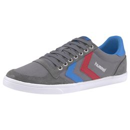Sneaker Hummel "Slimmer Stadil Canvas Low", Damen, Gr. 40, grau (anthra, rot, blau), Textil, Veloursleder, Schuhe Sneaker