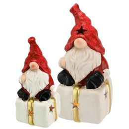 Dekofigur I.GE.A. "Wichtel auf Geschenk", rot (wei&szlig;, rot), B:6cm H:13cm, Terrakotta, Dekofiguren, Dekofigur, Mit LED 2er Set Weihnachtsdeko Kunstfigur Deko Statue Skulptur