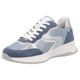 Keilsneaker RIEKER SPORT, Damen, Gr. 36, jeansblau, wei&szlig;, silberfarben, Lederimitat, Textil, Veloursleder, kontrastfarbene Details, Schuhe Keilsneaker, Schn&uuml;rschuh, Halbschuh, Freizeitschuh im Streetwear-Style