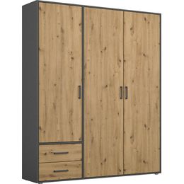 Dreht&uuml;renschrank Rauch "Kleiderschrank Schrank Garderobe W&auml;scheschrank VOYAGER", grau (graumetallic, eiche artisan, griffe graumetallic), B:140cm H:194cm T:53cm, Holzwerkstoff, Schr&auml;nke, Dreht&uuml;renschrank, mit 2 modernen Griffvarianten, mit Au&szlig;enschubladen MADE IN GERMANY